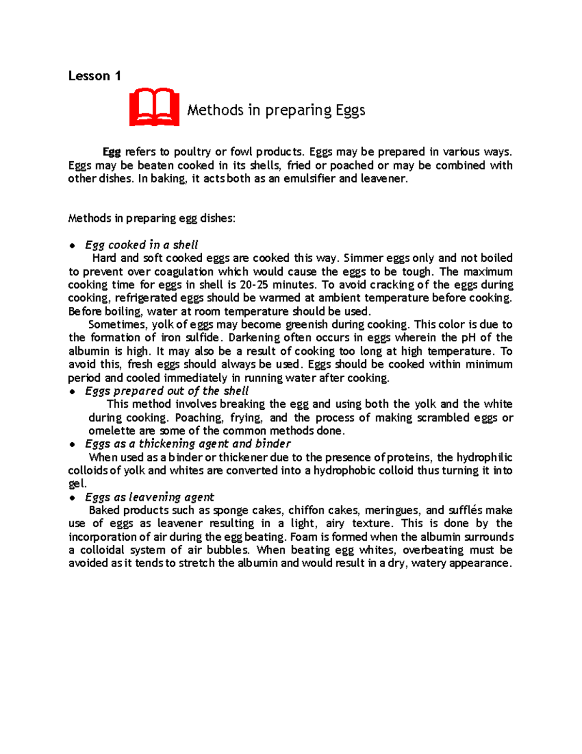 Module 3 Lesson 1 - Lesson 1 Methods in preparing Eggs Egg refers to ...