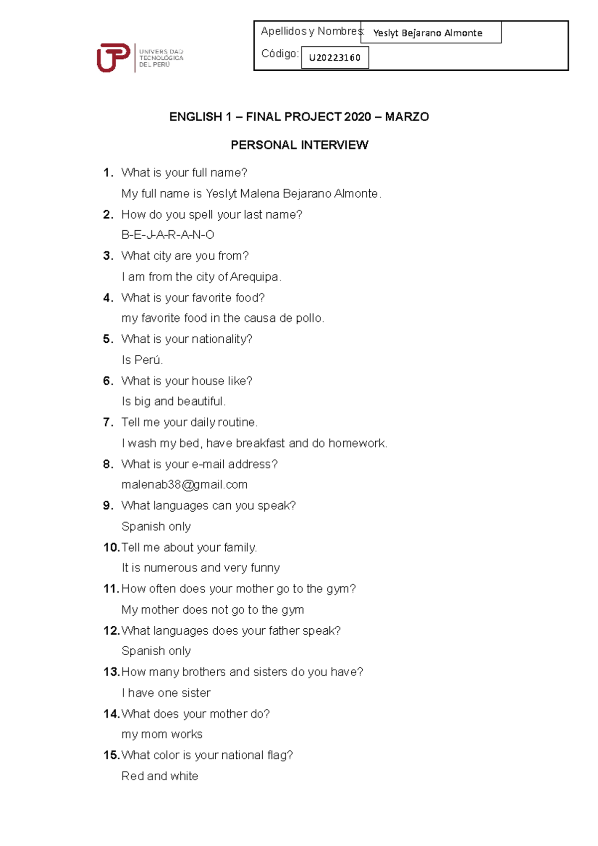 Personal Interview Questions - ENGLISH 1 – FINAL PROJECT 2020 – MARZO ...