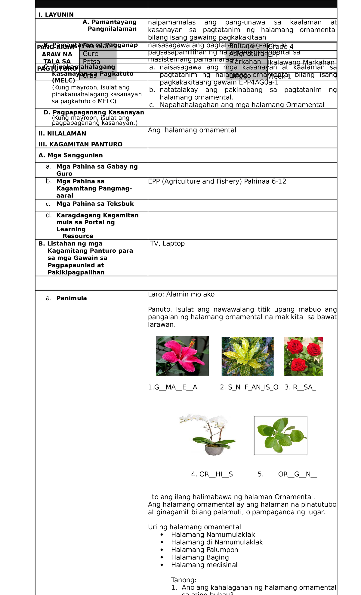 Lesson plan in epp - ..... - PANG-ARAW- ARAW NA TALA SA PAGTUTURO ...