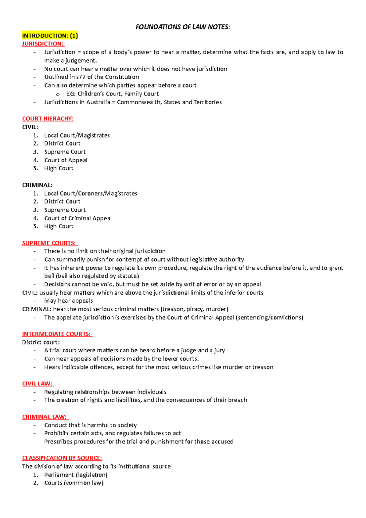 Foundations OF LAW Notes - FOUNDATIONS OF LAW NOTES: INTRODUCTION: (1 ...