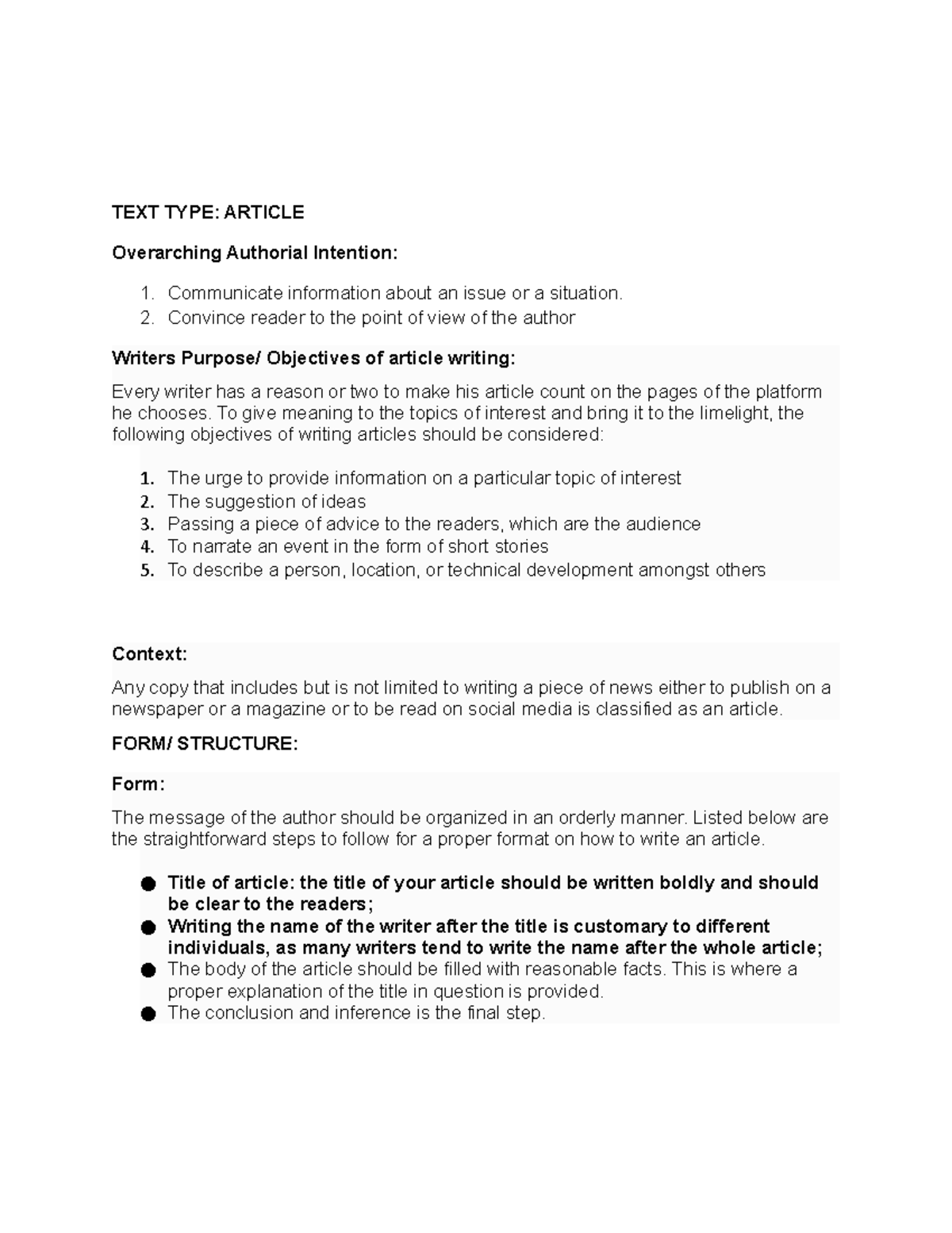 Article Writing and Types - TEXT TYPE: ARTICLE Overarching Authorial ...