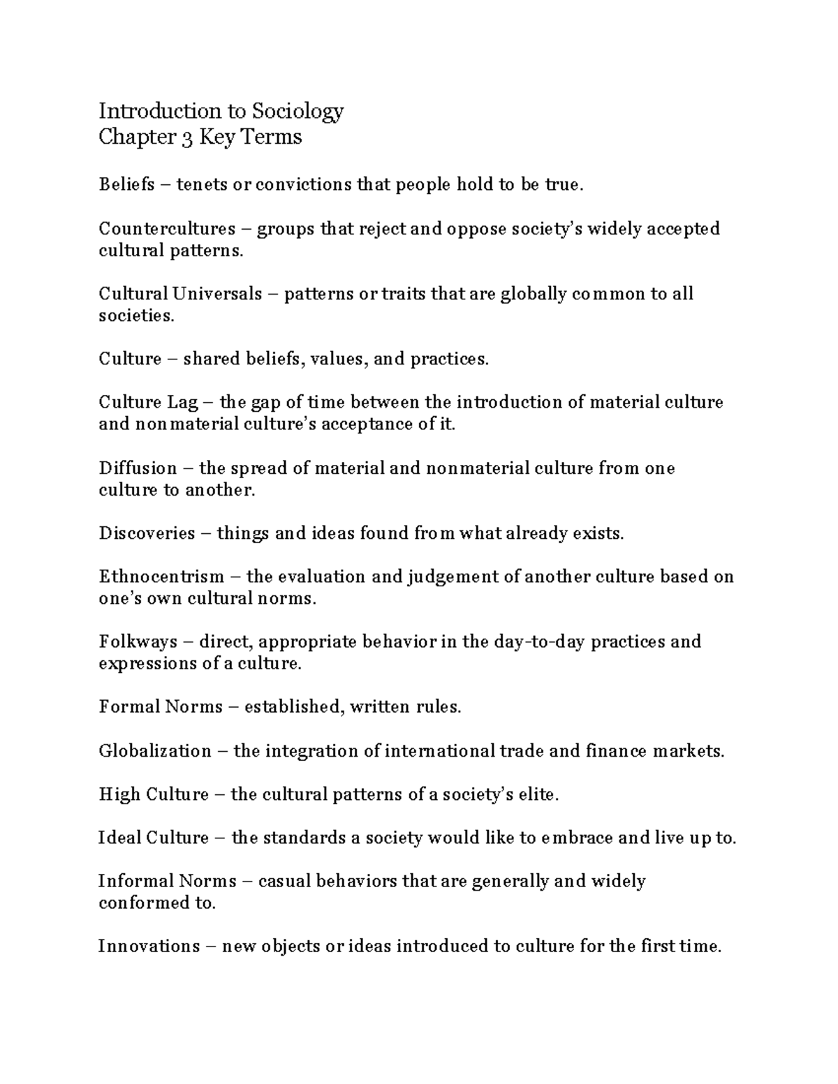 Sociology Chapter 3 Key Terms Introduction To Sociology Chapter 3 Key