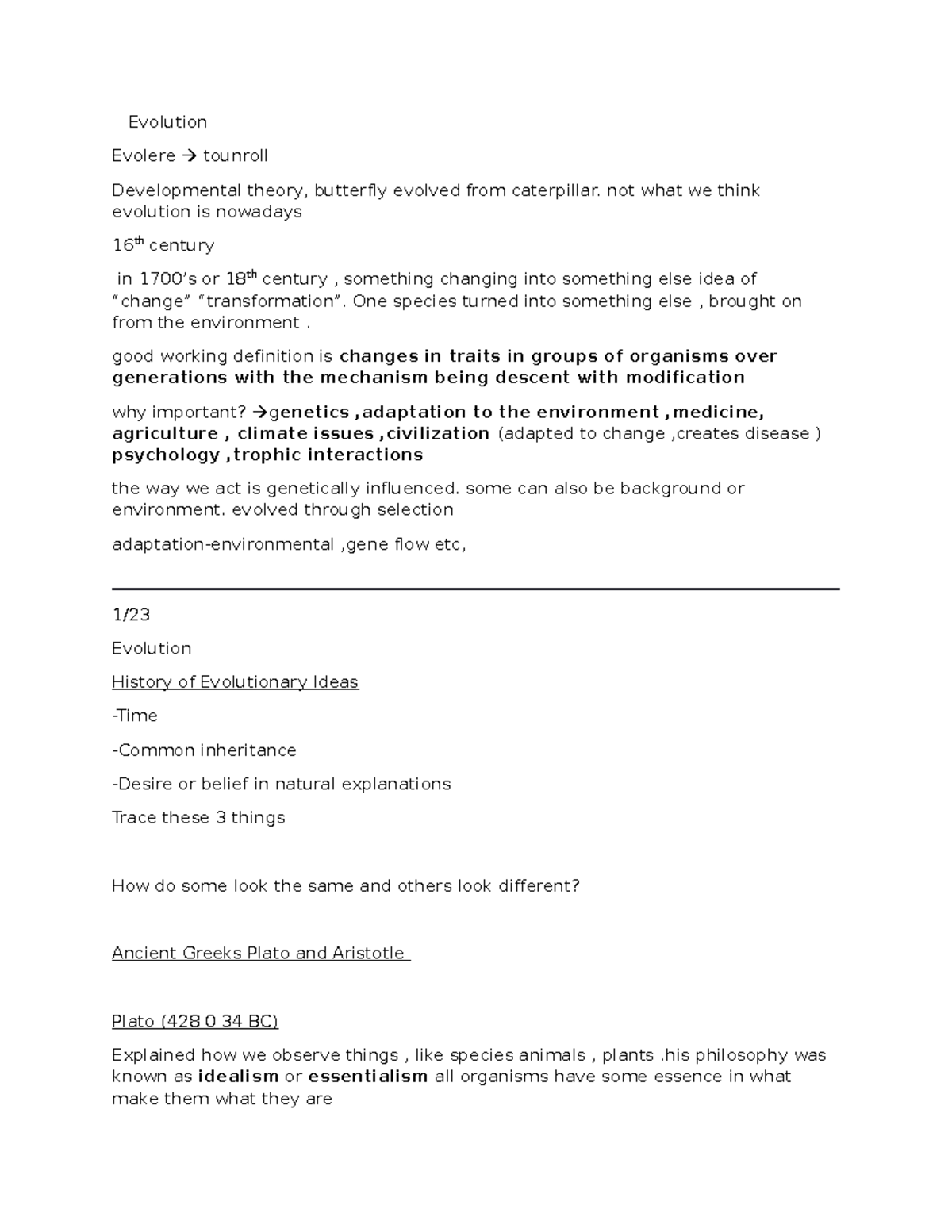 Evolution notes - Evolution Evolere tounroll Developmental theory ...