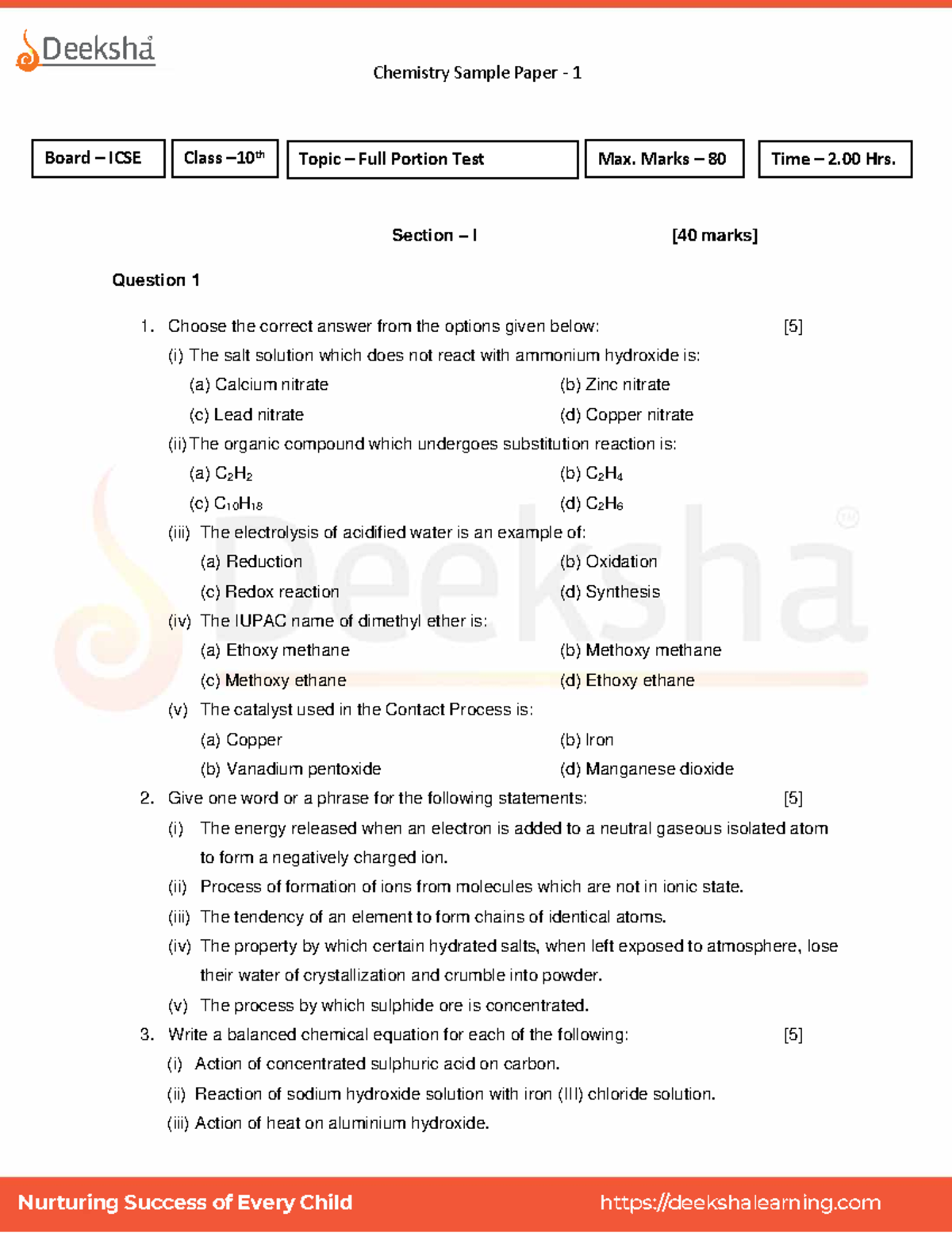 ICSE Class 10 Chemistry Sample Papers 1 2020 - Section – I [40 marks ...