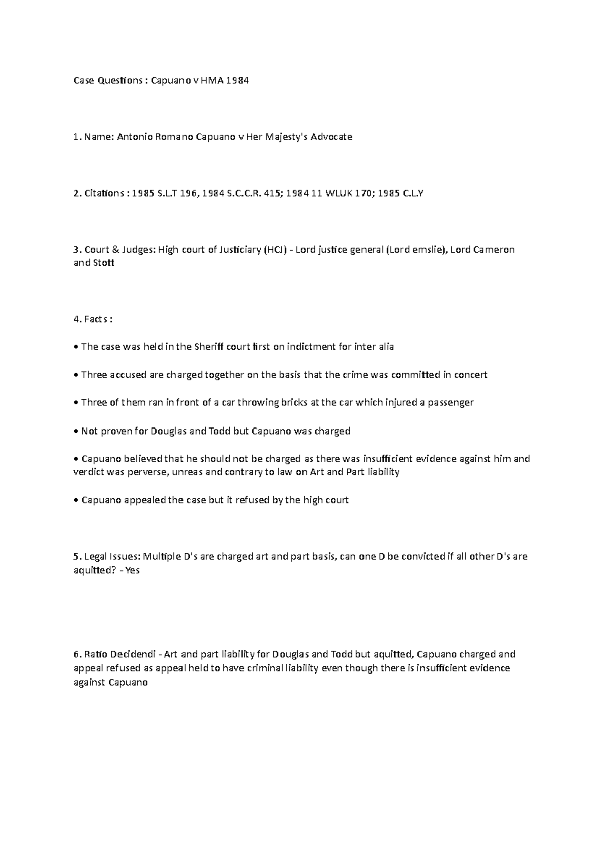 Criminal law activity - Case Questions : Capuano v HMA 1984 Name ...