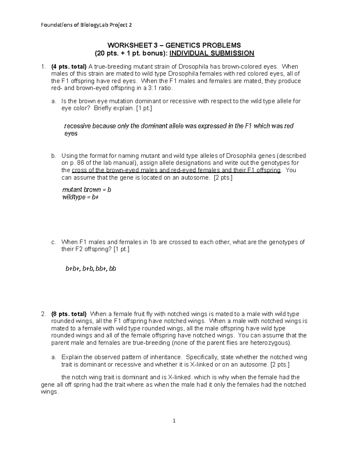 WS3. Genetics Problems - Foundations of BiologyLab Project 2 WORKSHEET ...