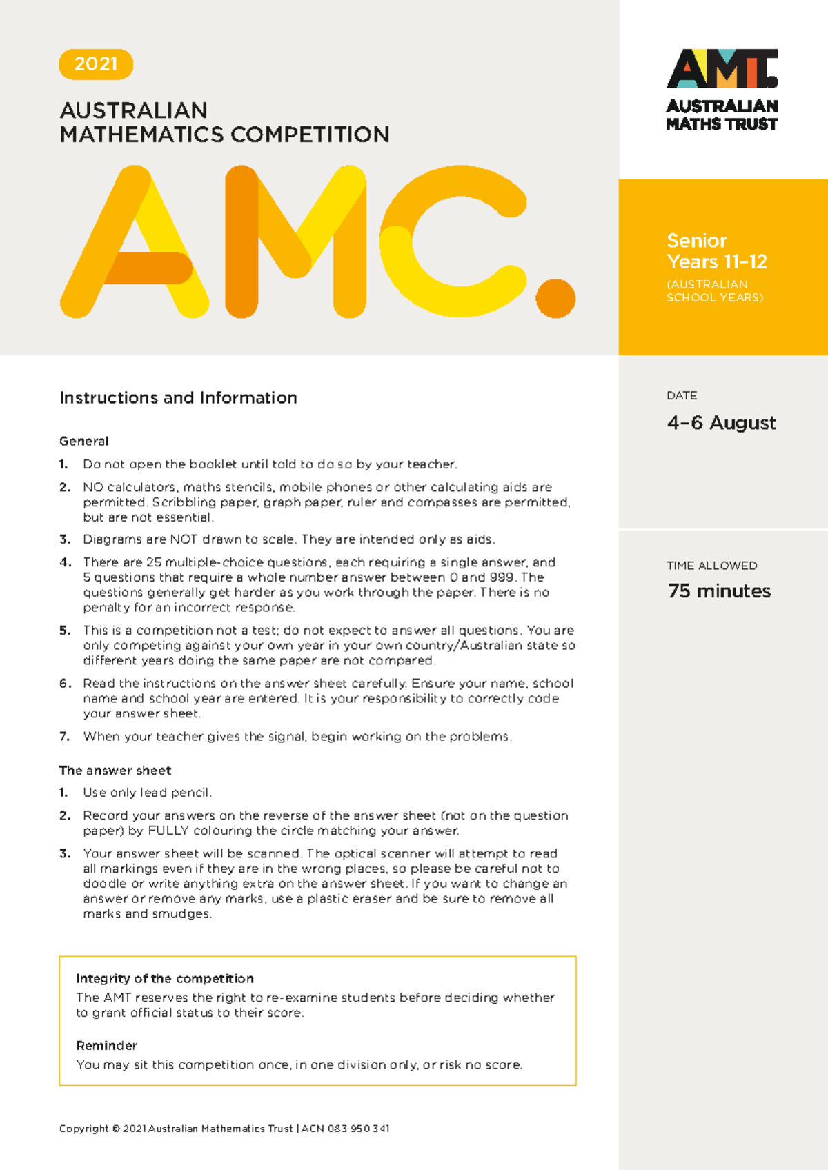 2021 AMC Senior - Detailed answers - 20202021 AUSTRALIAN MATHEMATICS ...