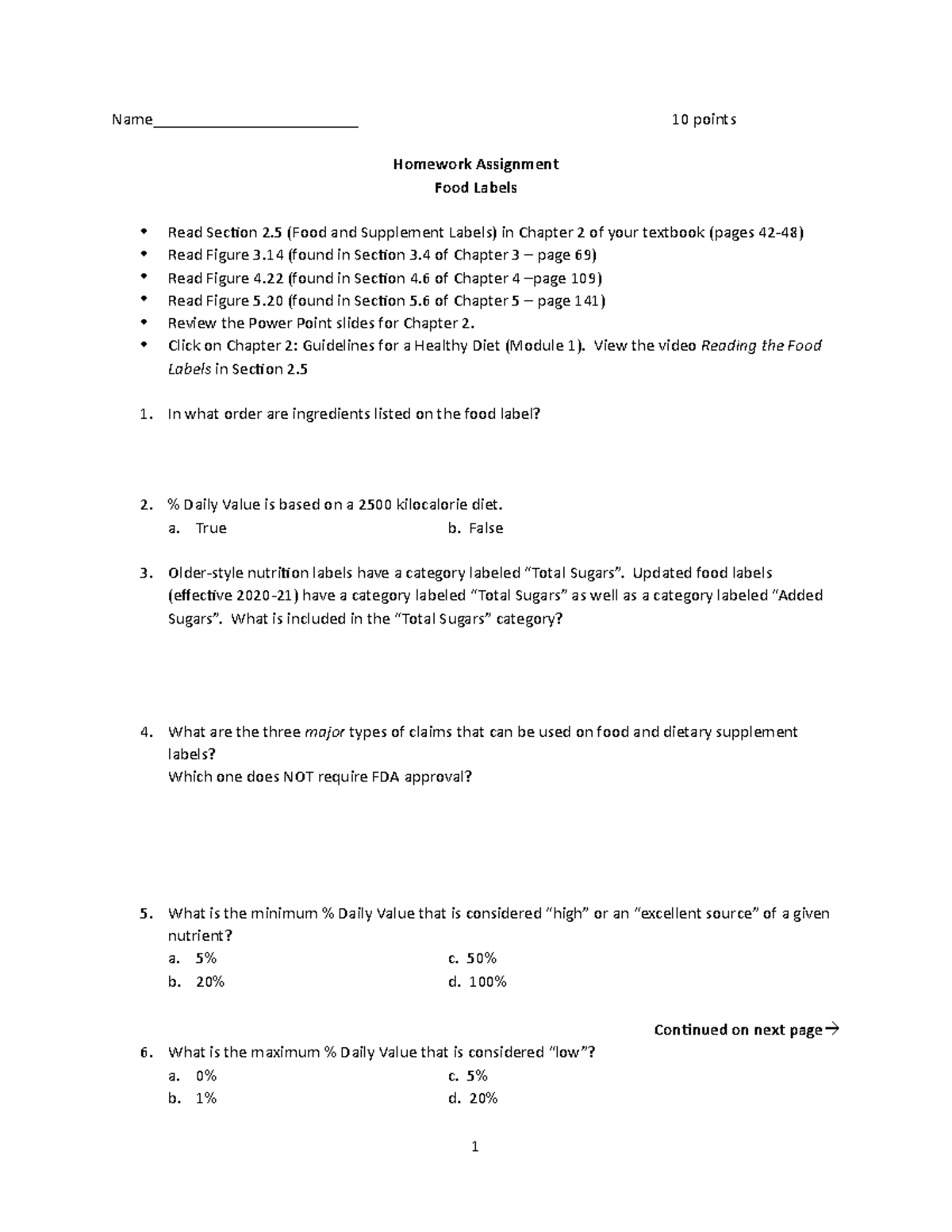 Food Labels HW 2022-2 - Name________________________ 10 points Homework ...