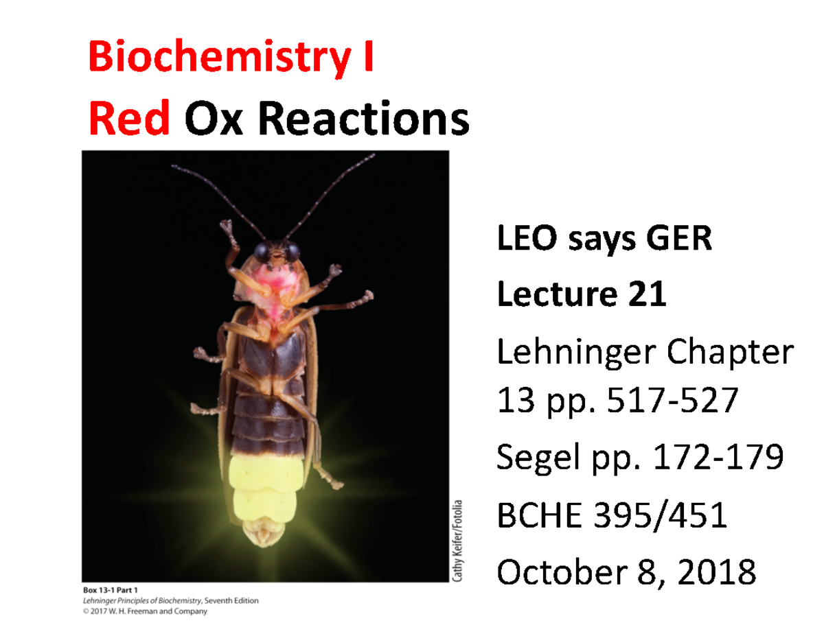 Red Ox Reactions - Biochemistry I Red Ox Reactions LEO says GER Lecture ...