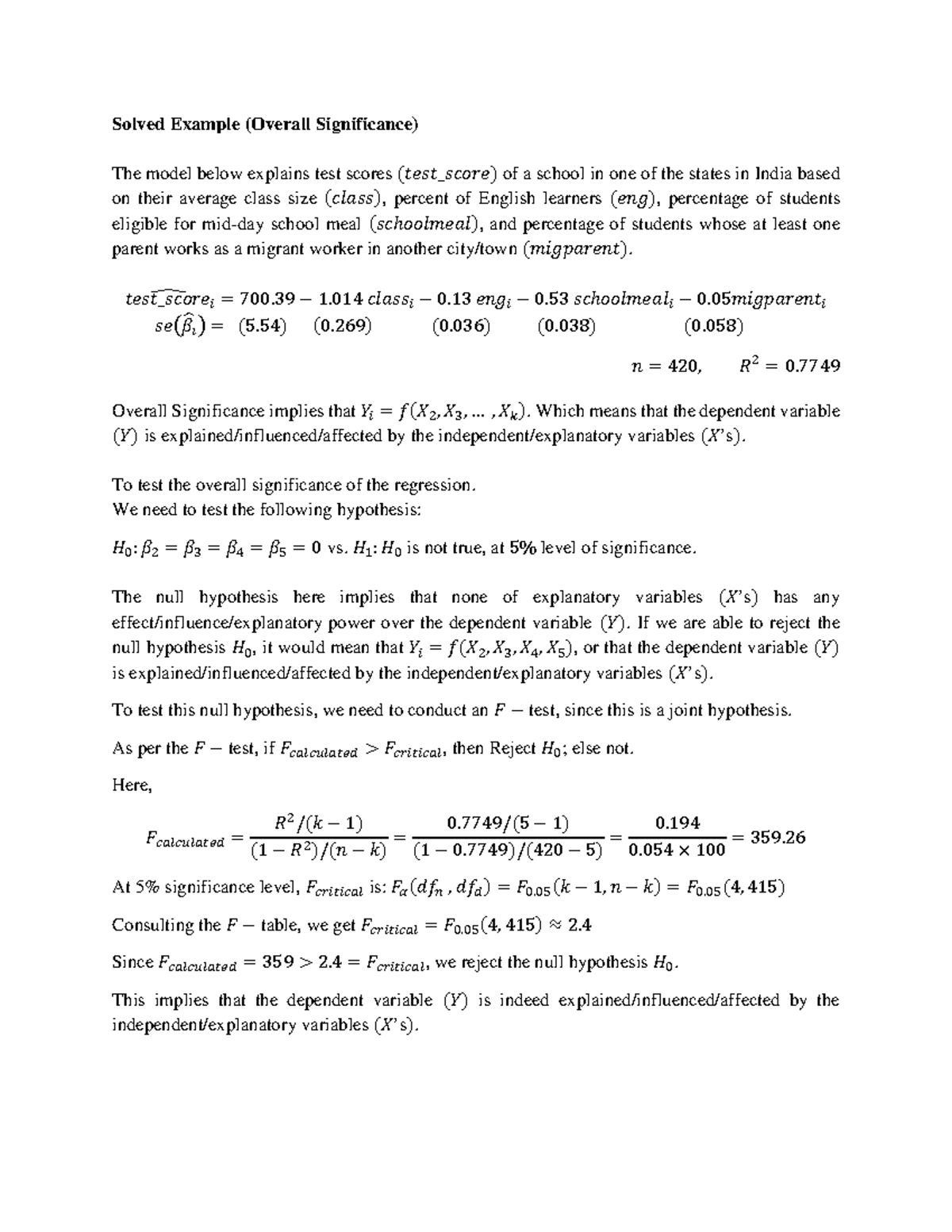 Solved Ex F Test Econometrics Sem 4 Notes Solved Example Overall
