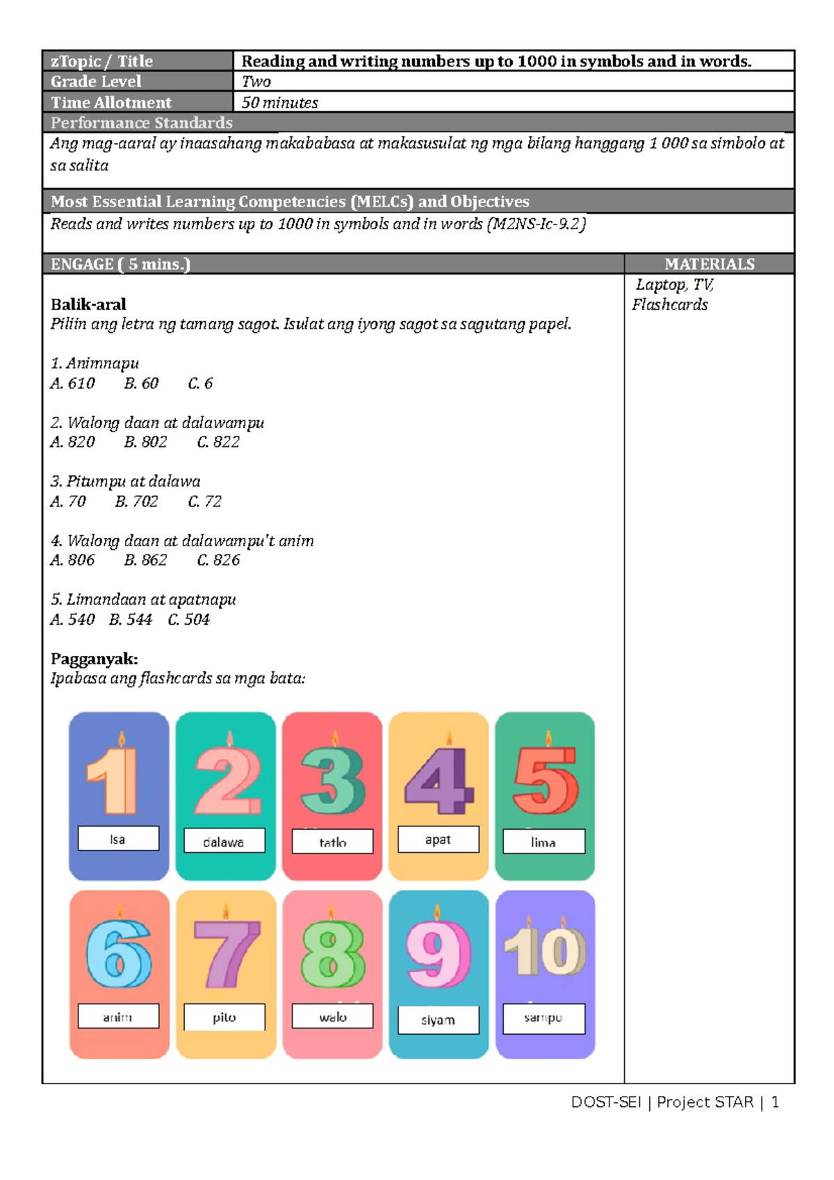 G2 5Es LP Reading and Writing numbers up to 1000 in symbols and in words M2NS-Ic-9.2 Remcie M ...