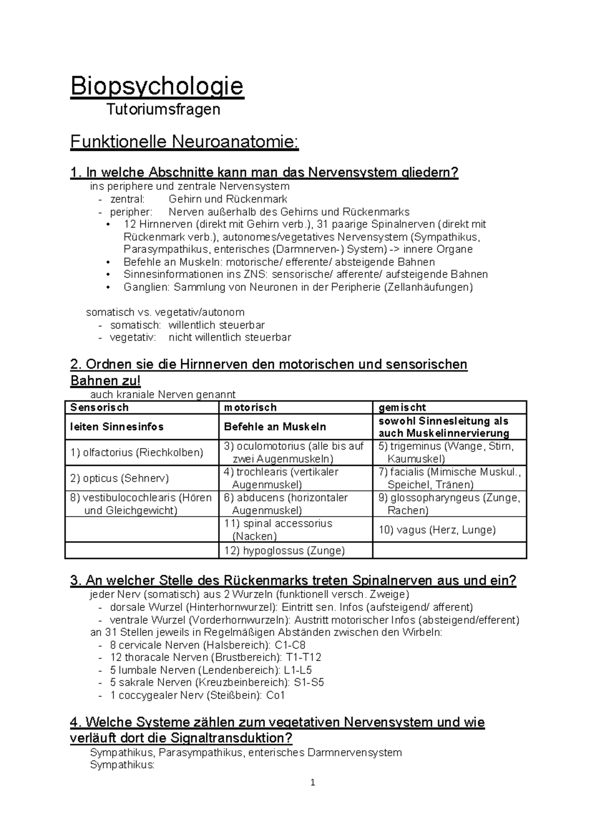 Probeklausur Wintersemester 2015/2016, Fragen und Antworten - Biopsychologie Tutoriumsfragen ...