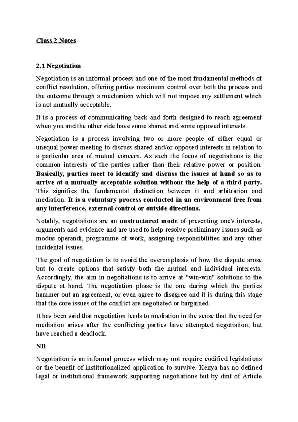 ADR Class 2 Final - Lecture notes 1-2 - Bachelor of law - JKUAT - Studocu