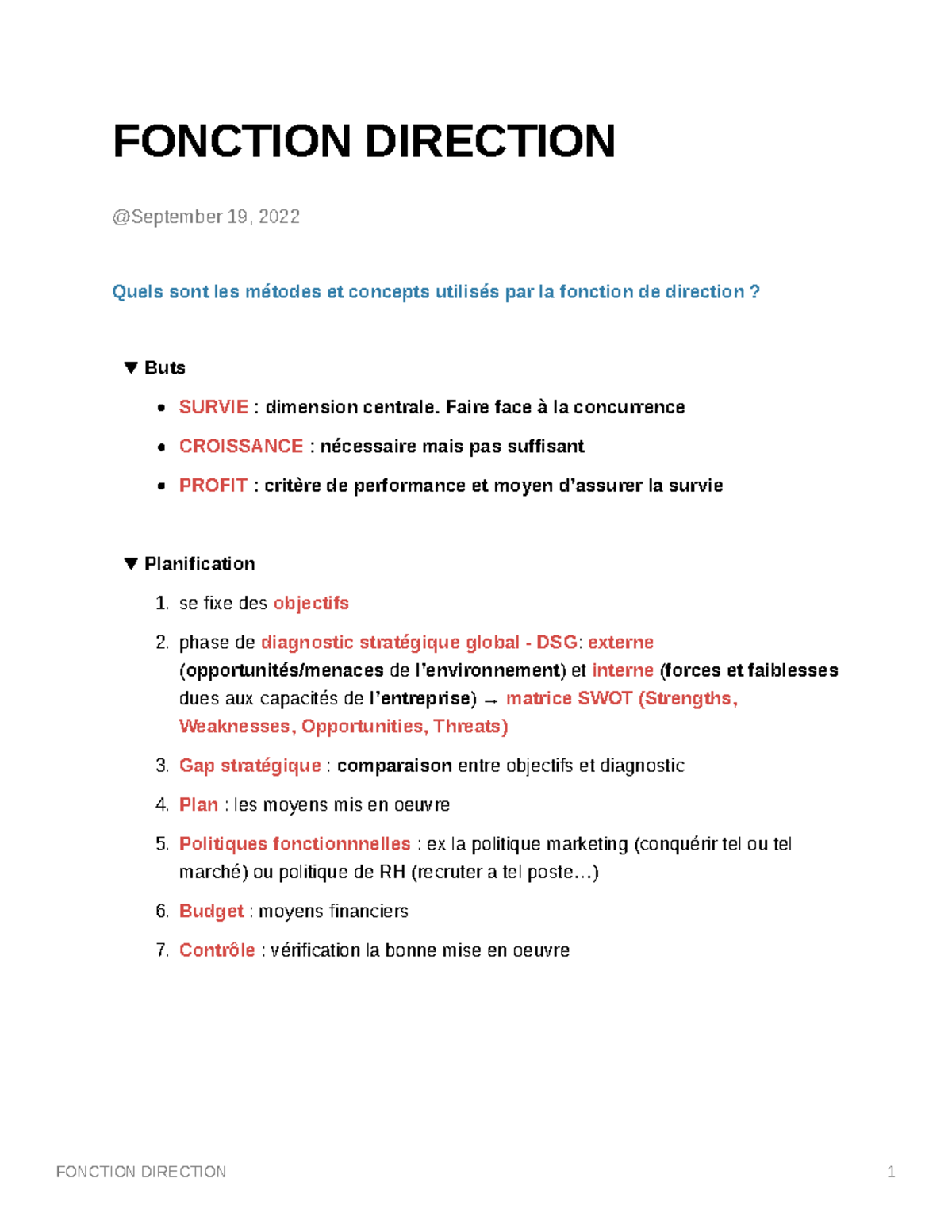 Fonction Direction - Notes de cours - FONCTION DIRECTION Quels sont les ...