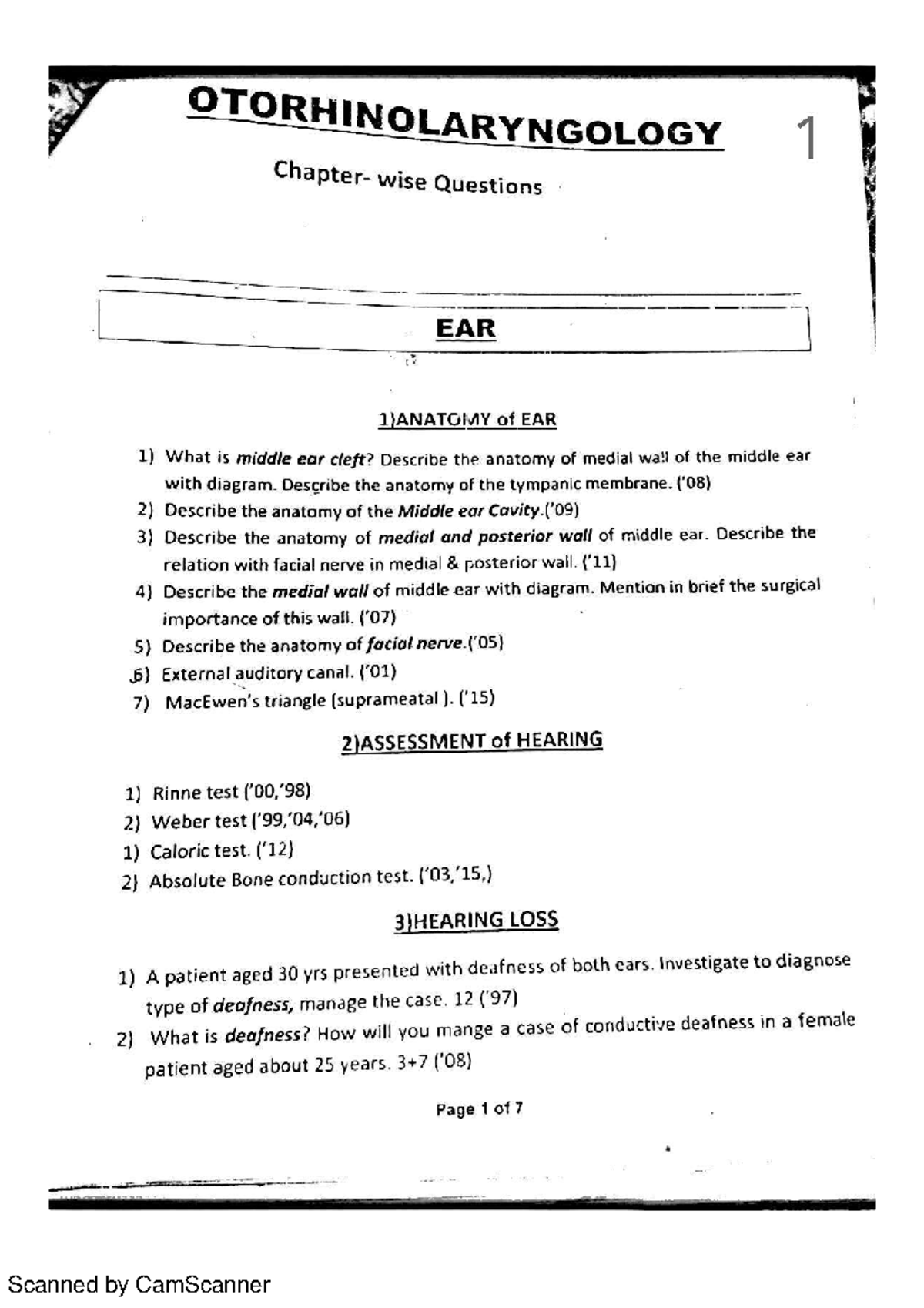 ENT prev years chapterwise - OTORHINOLARYNGOLOGY 1 wise Questions EAR 1 ...