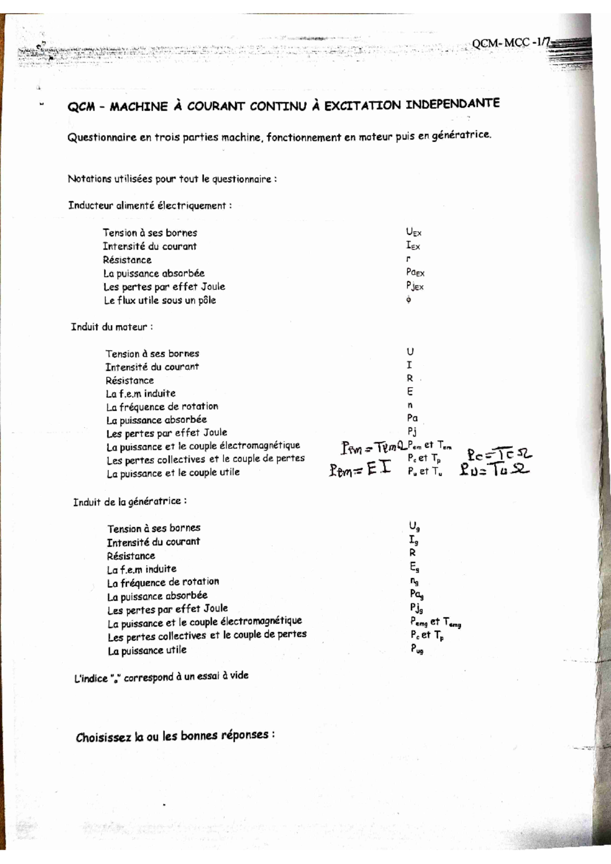 QCM Électrotechnique - QCM MACHINE À COURANT CONTINU À EXCITATION ...