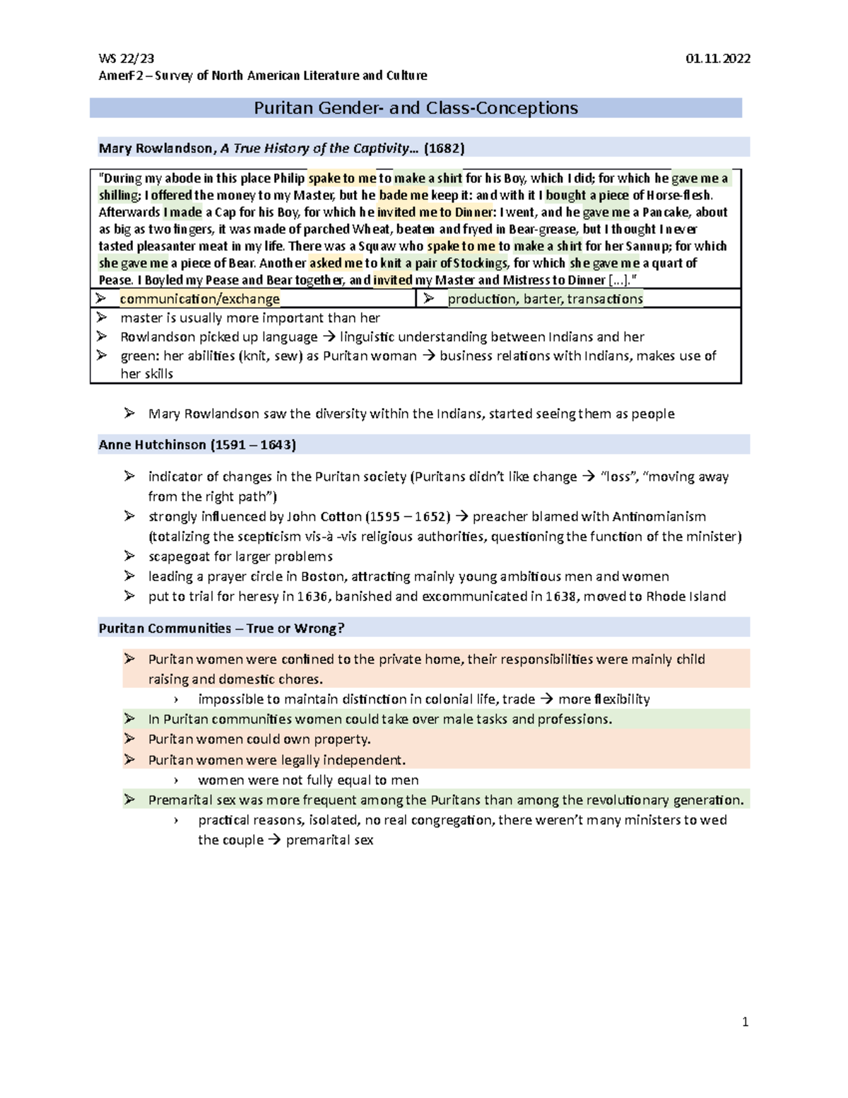 Amer F2 - (3) Puritan Gender and Class Conceptions - AmerF2 – Survey of ...