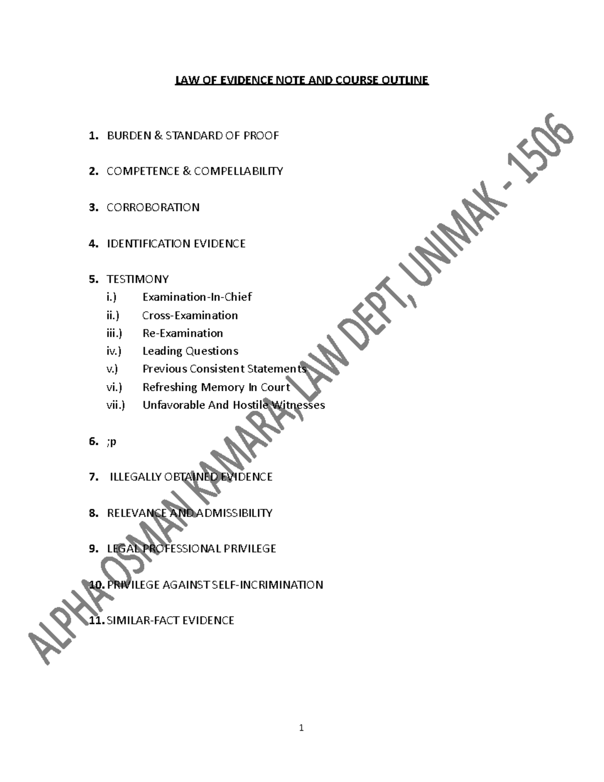 6 = LAW OF Evidence-1 - LAW OF EVIDENCE NOTE AND COURSE OUTLINE 1 ...