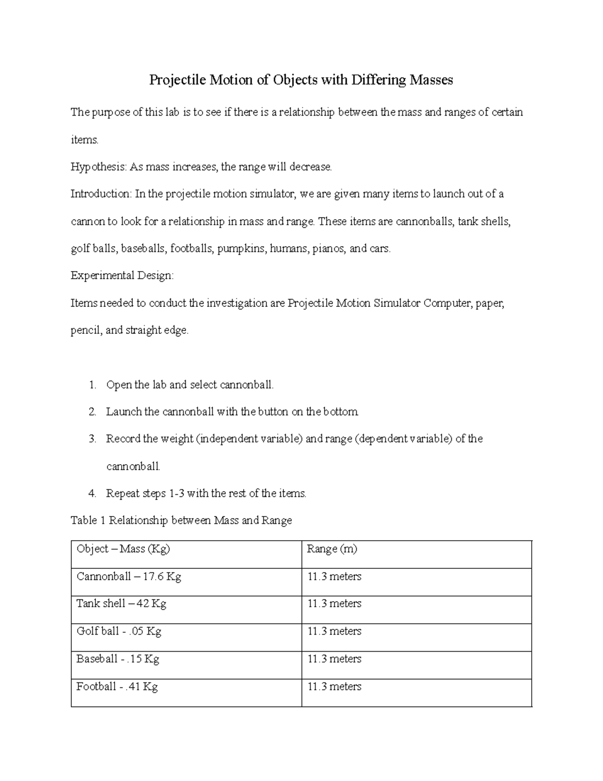 1.08 Student designed lab - Projectile Motion of Objects with Differing ...