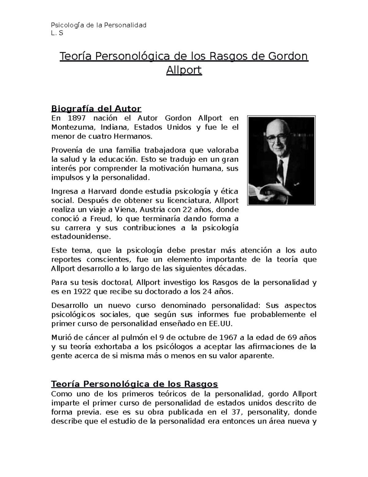 Teoría personologica de los Rasgo de Gordon Allport - Psicología de la ...