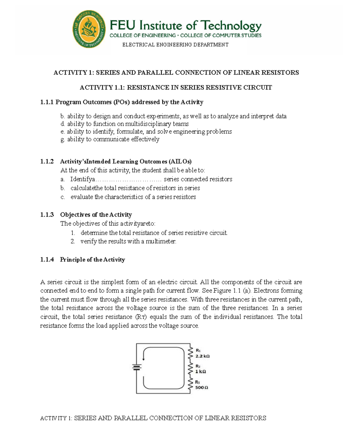 Exp1 - EXP - ELECTRICAL ENGINEERING DEPARTMENT ACTIVITY 1: SERIES AND ...
