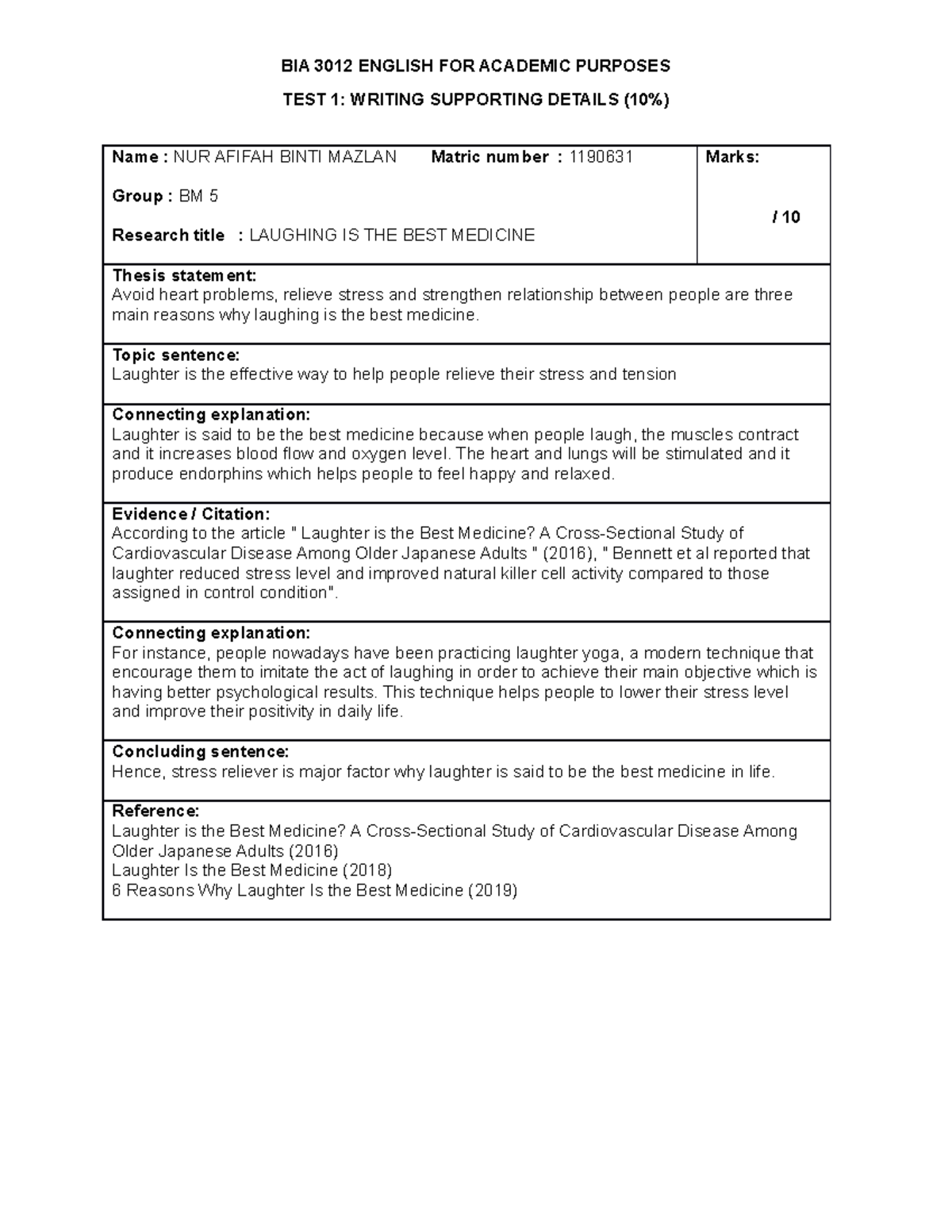 Quiz1 Trial - BIA 3012 ENGLISH FOR ACADEMIC PURPOSES TEST 1: WRITING ...