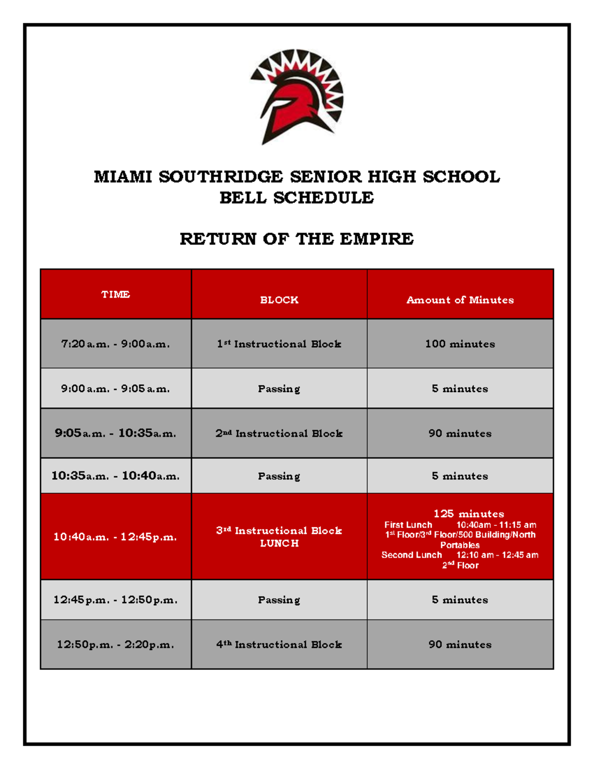 Msshs-BELL- Schedule - Bells - MIAMI SOUTHRIDGE SENIOR HIGH SCHOOL BELL ...