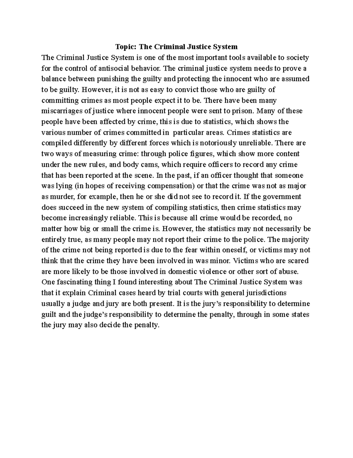 Topic crime and laws due sept 22 - Topic: The Criminal Justice System ...