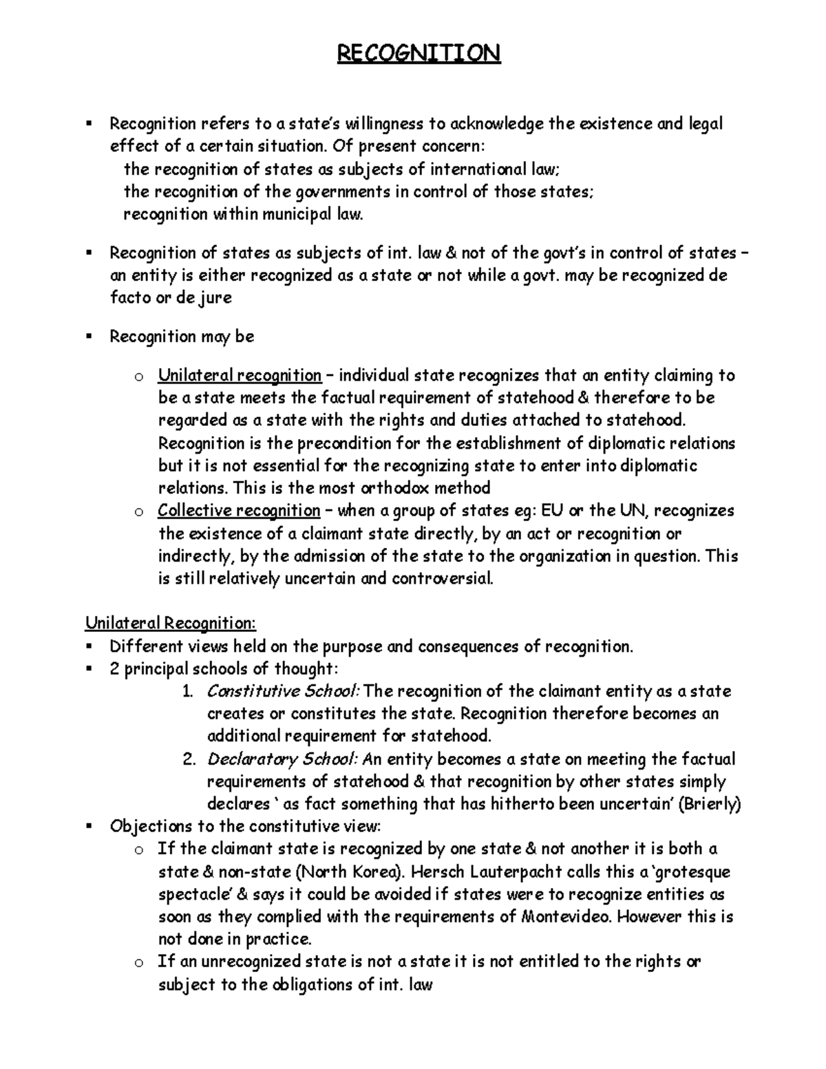 03)Recognition - Lecture notes on international law 2022 - RECOGNITION ...