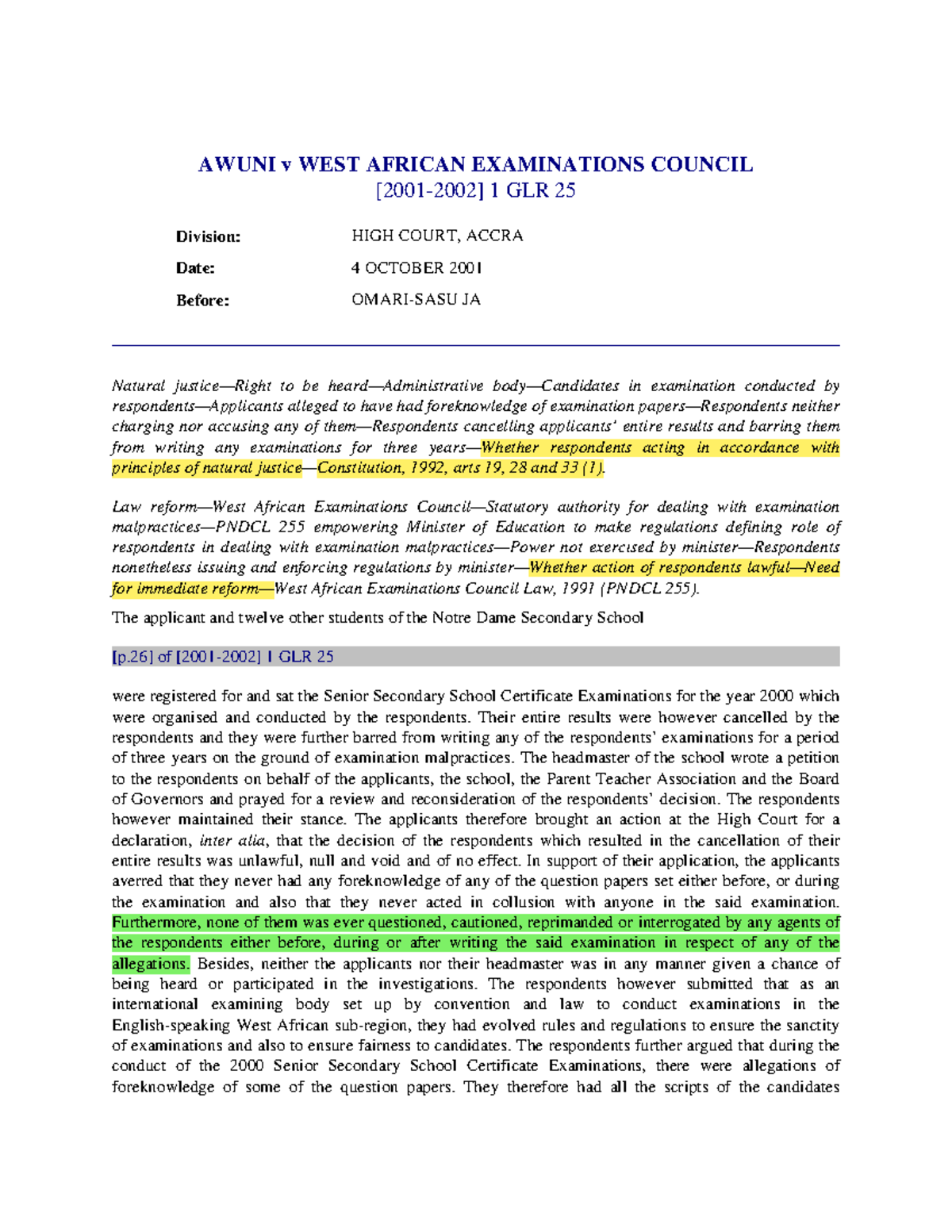 Awuni v WEST African Examinations Council - AWUNI v WEST AFRICAN ...