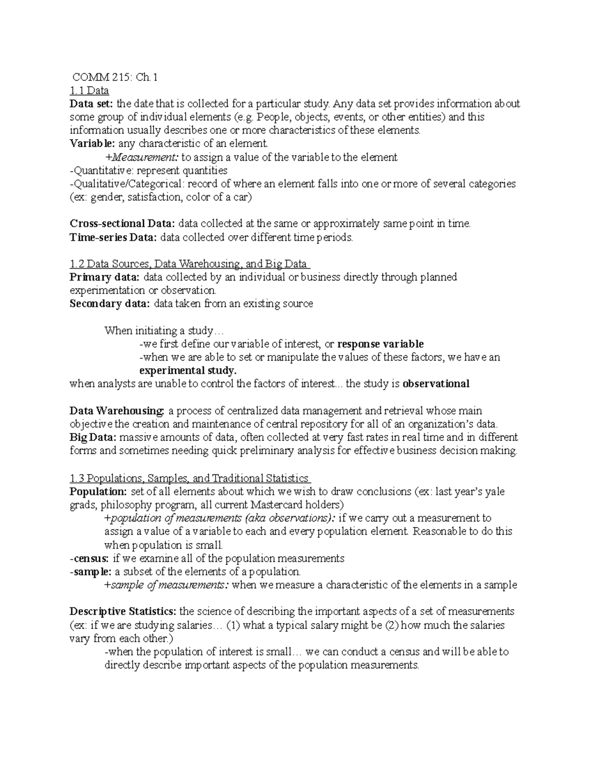 Ch - ..... - COMM 215: Ch. 1 Data Data set: the date that is collected ...