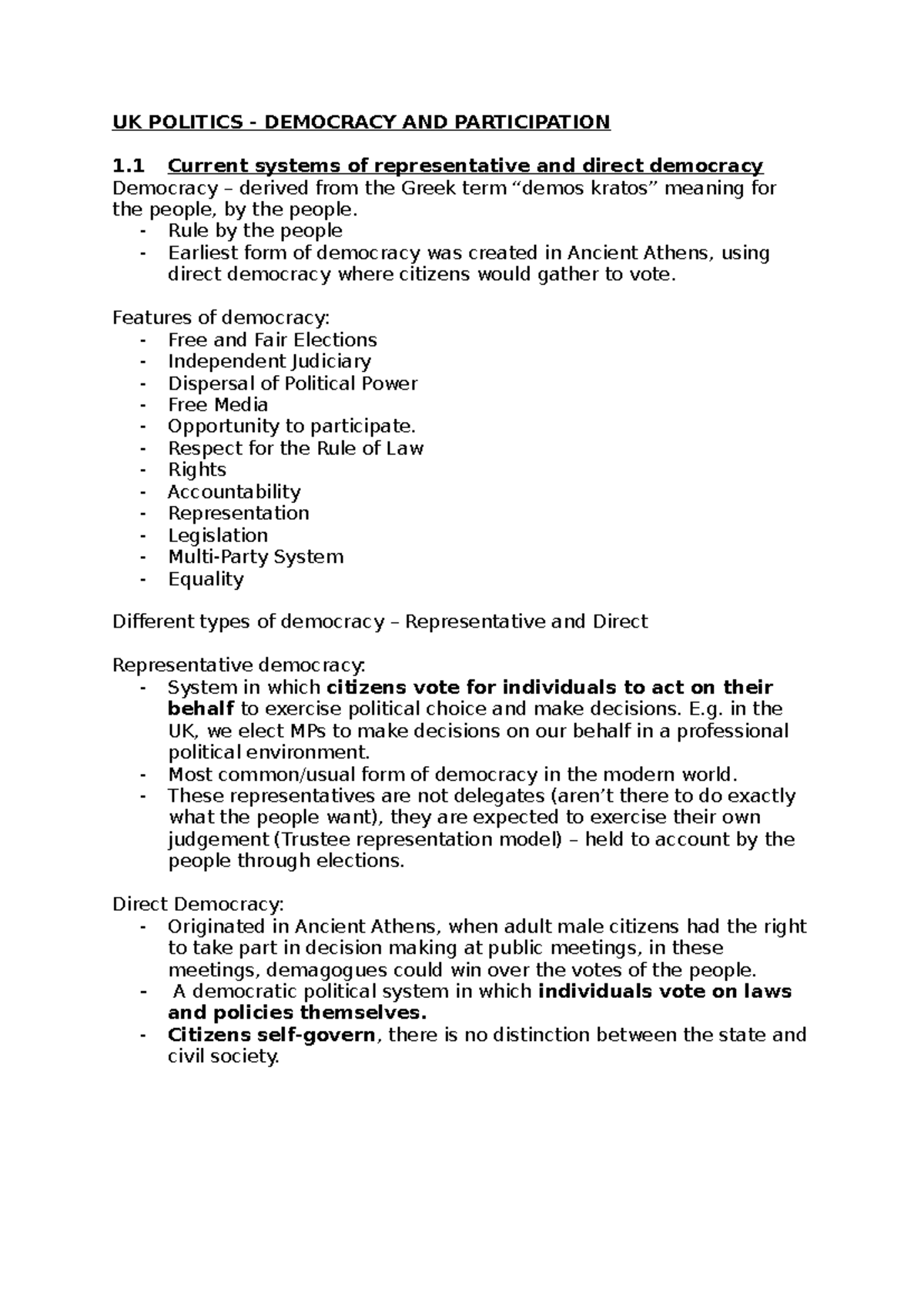 C1 - Democracy and Participation - UK POLITICS - DEMOCRACY AND ...