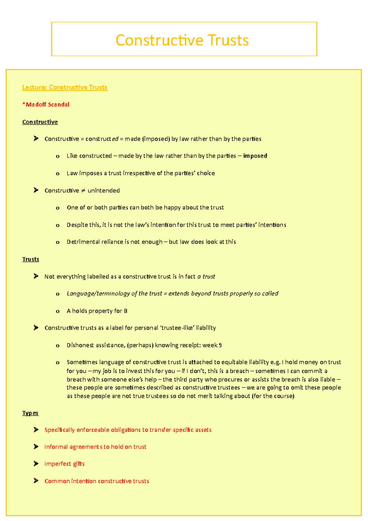 5) Constructive Trusts - Construcive Trusts Lecture: Construcive Trusts *Madof Scandal ...