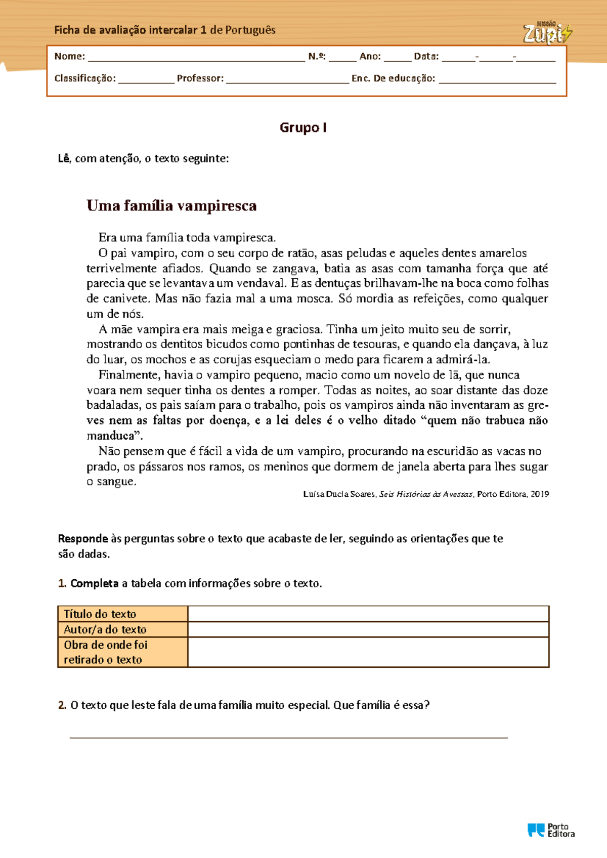 Ficha de Avaliação Intercalar - Português - 3.º Ano - Grupo I Lê, com ...