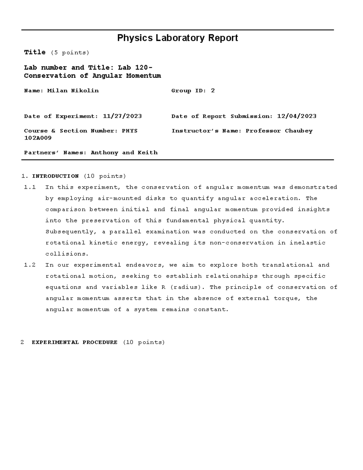 Lab 120 Conservation of Angular Momentum - Physics Laboratory Report ...