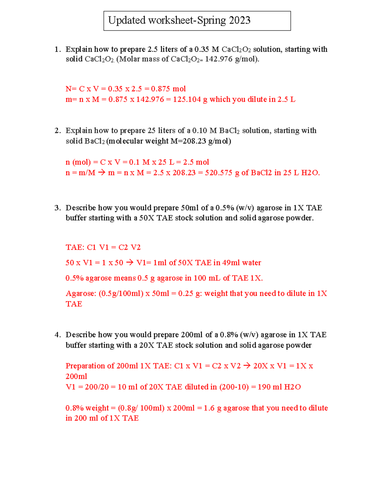 Worksheet one - Explain how to prepare 2 liters of a 0 M CaCl 2 O 2 ...