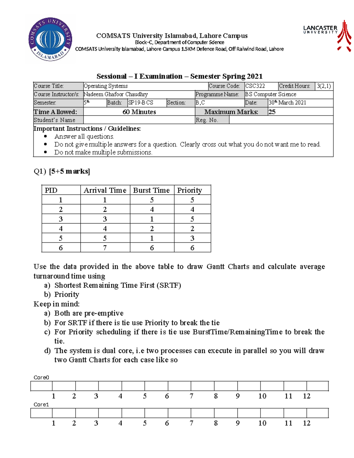 S1 question ppr - OS Sessional Exam Comsats Lahore Campus - COMSATS ...