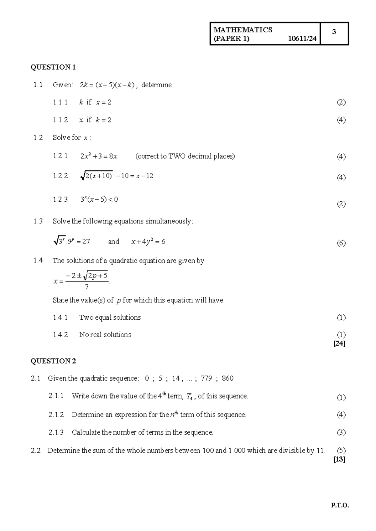 Gauteng Mathematics P1 Eng x5 Preliminary 2024 - (PAPER 1) 10611/ 3 ...