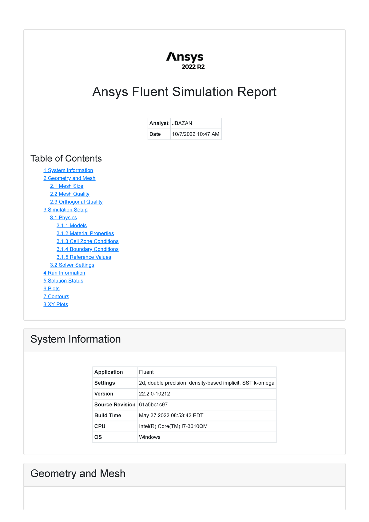 Ansys Fluent Simulation Report - Simulation Setup Physics Models Model ...