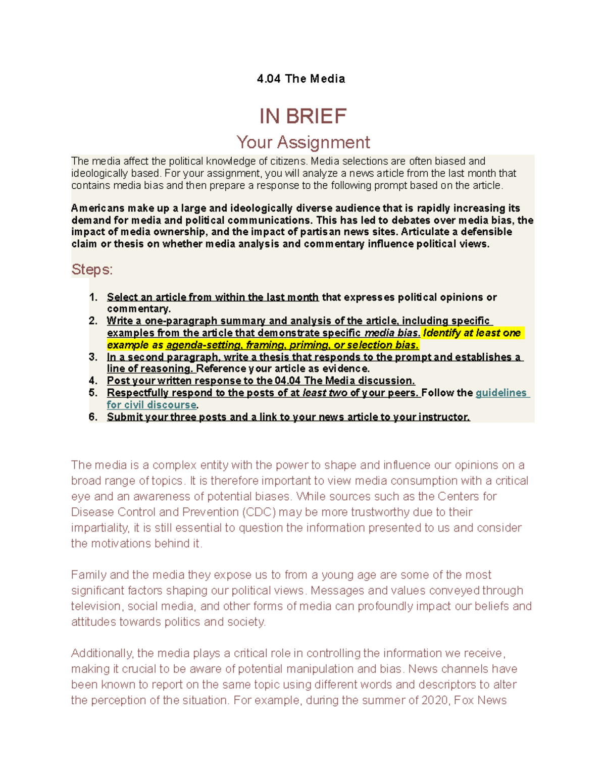 Copy of 4.04 The Media - Outline of the assignment - 4 The Media IN ...
