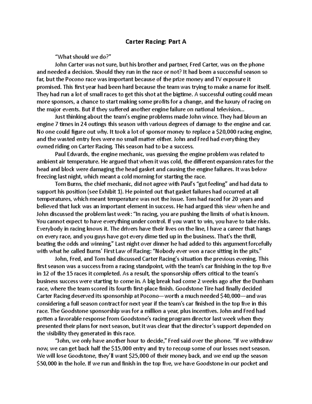 Carter Racing Part A - Decision making assignment part 1 - Carter ...