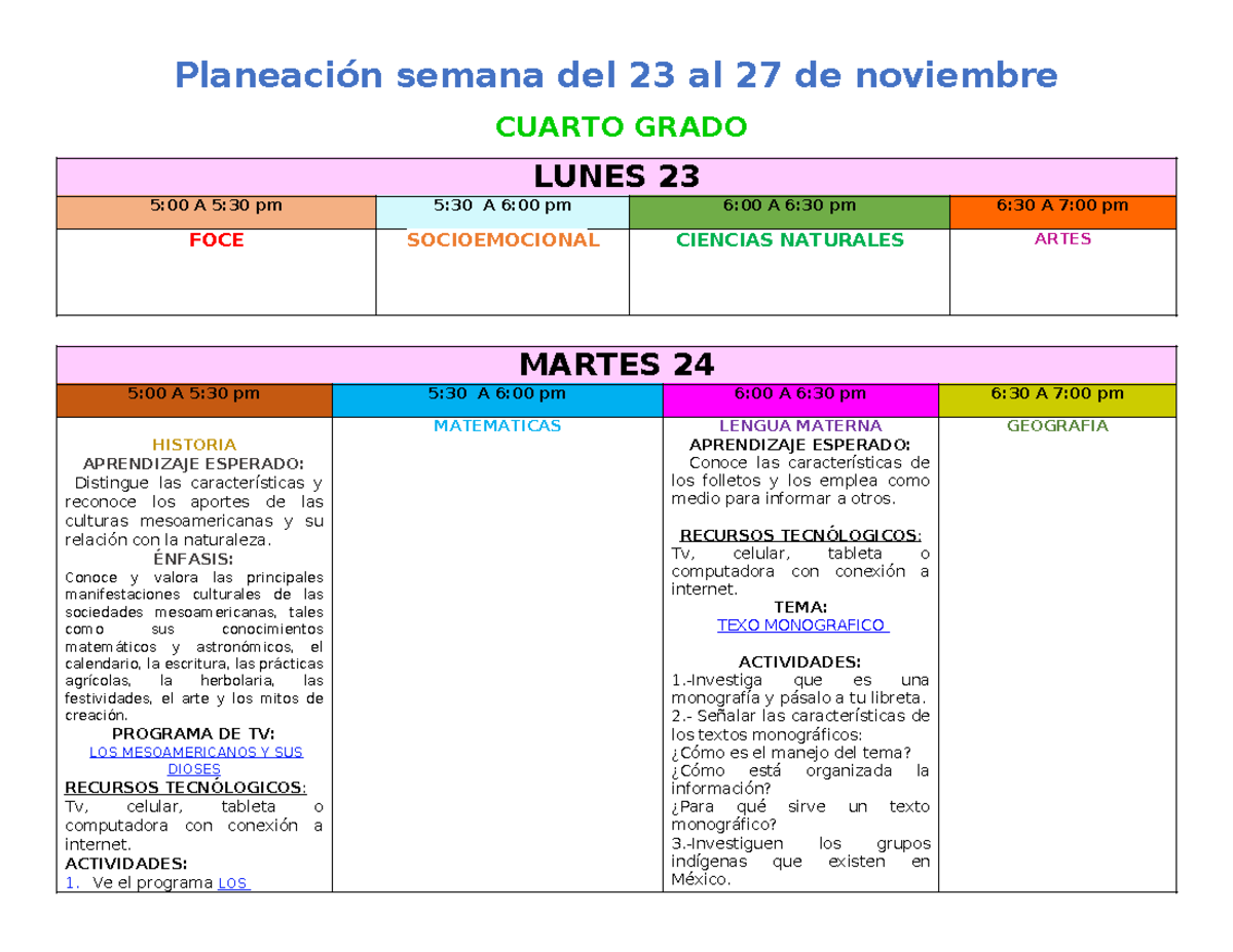 14 semana PLAN 23-27 noviembre - Planeación semana del 23 al 27 de ...