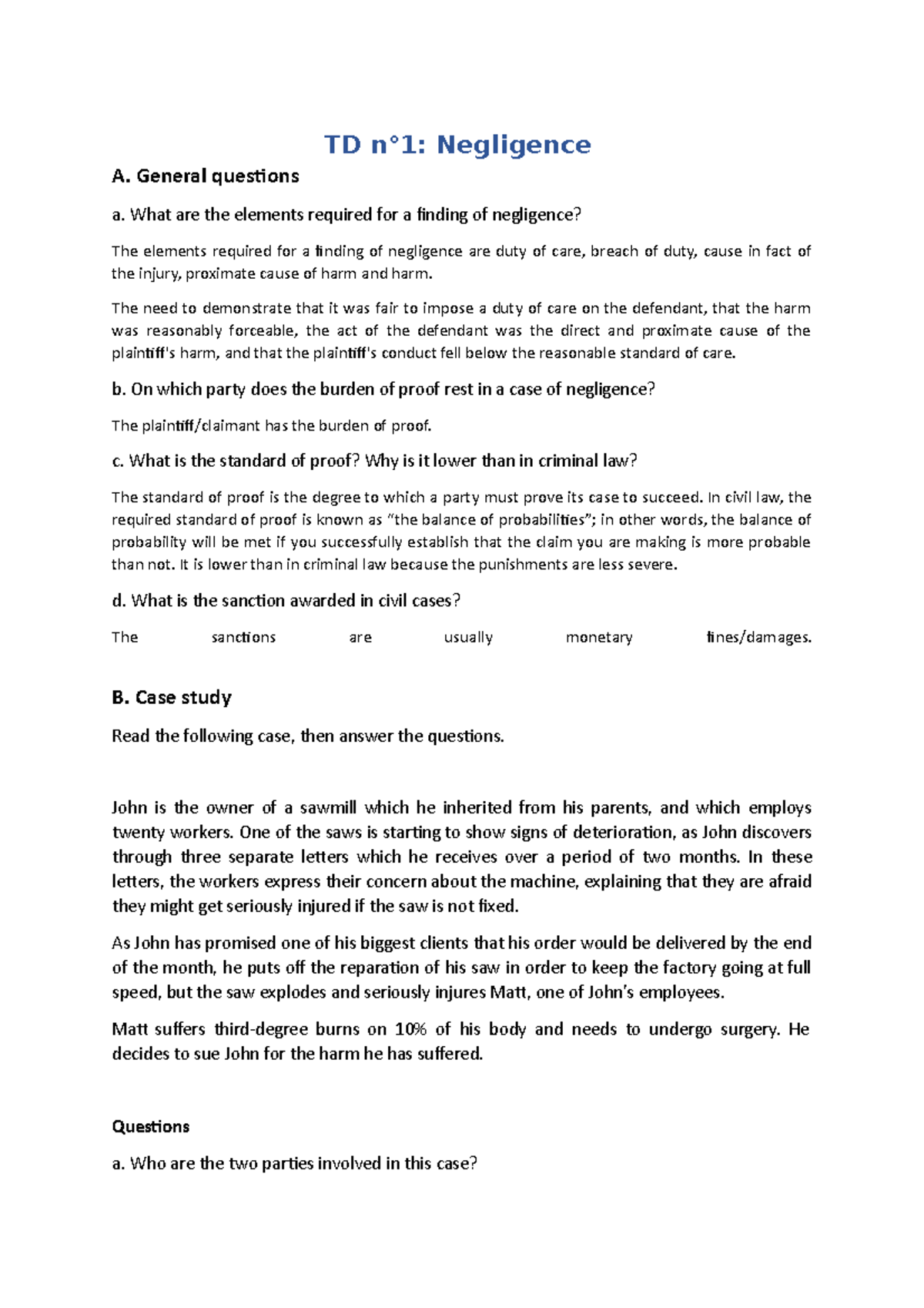 TD 1 - Negligence - Séance n°1 du TD d'anglais juridique - TD n°1 ...