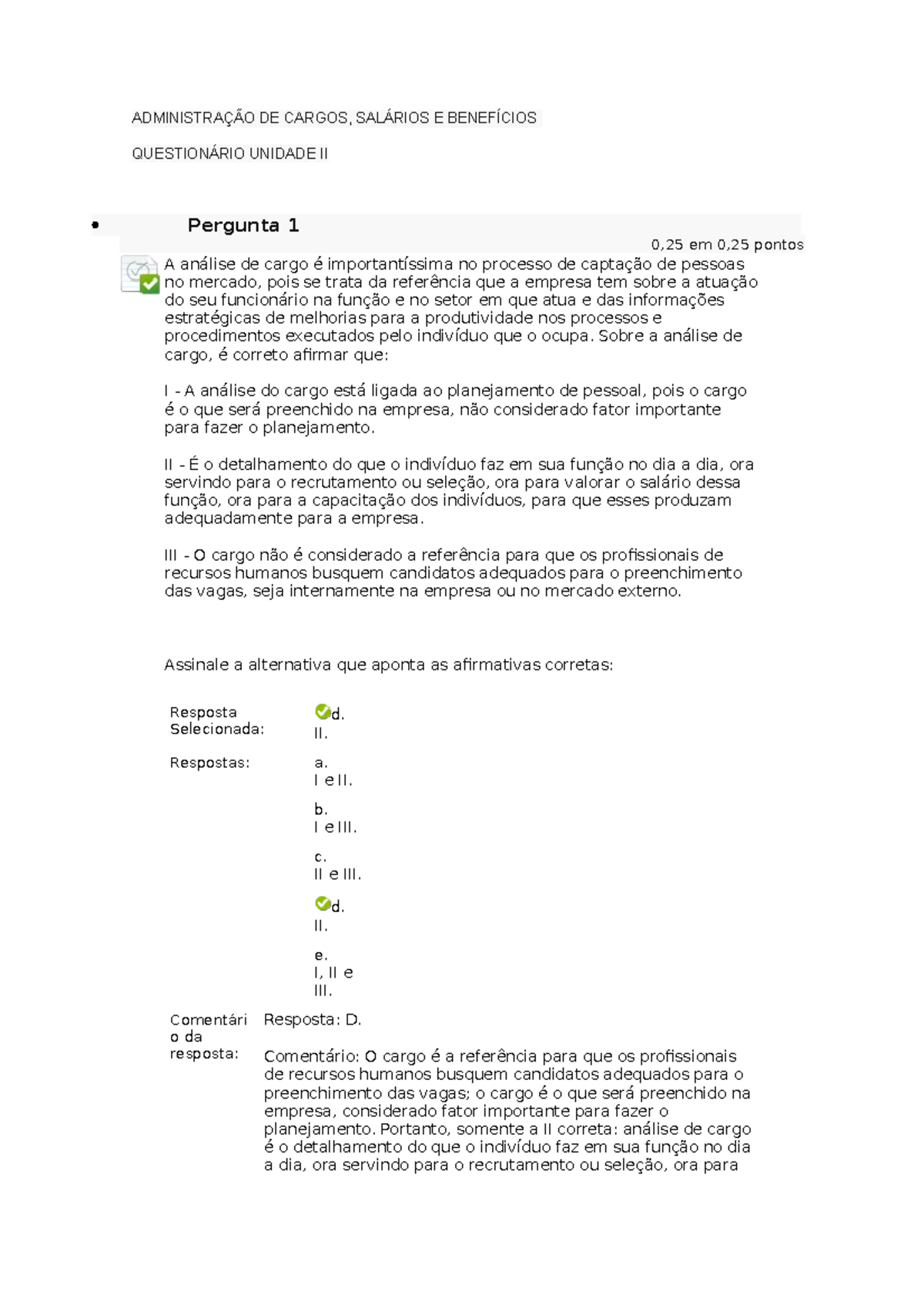 Administração DE Cargos Unidade II Questionario II - ADMINISTRAÇÃO DE ...
