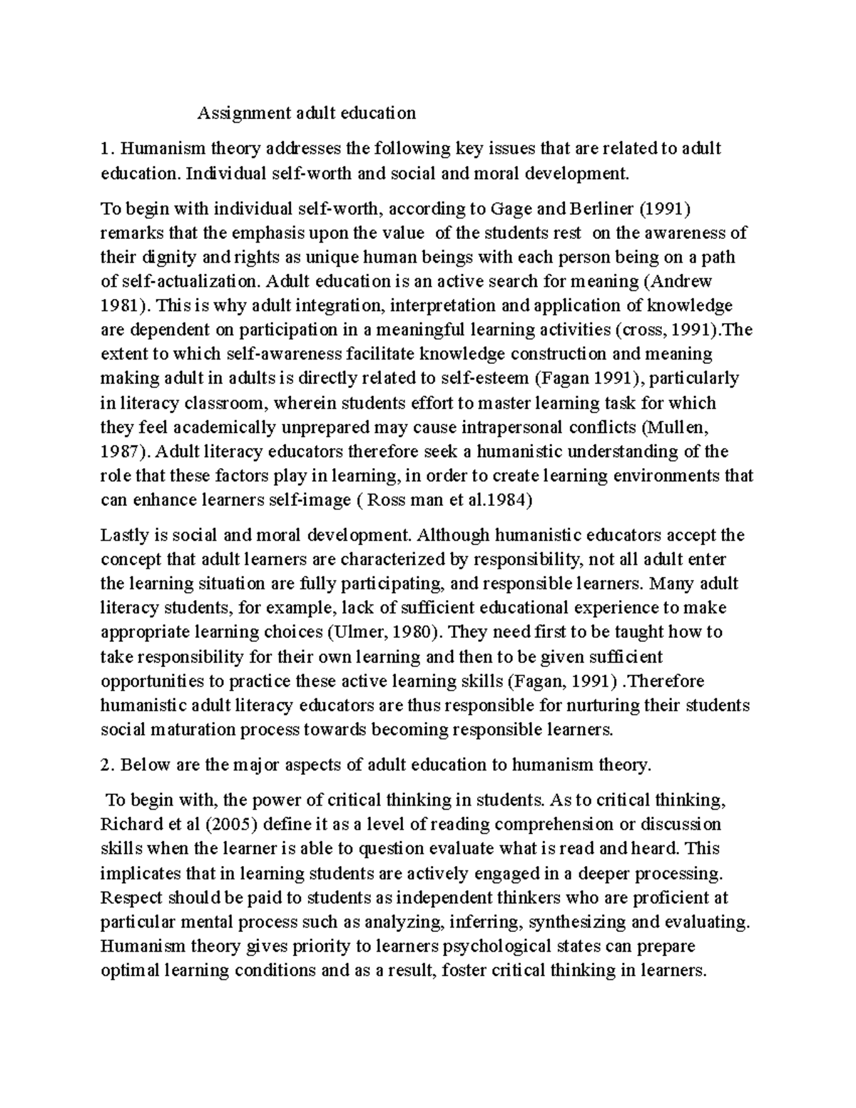 Mwale - adult learning - Assignment adult education Humanism theory ...