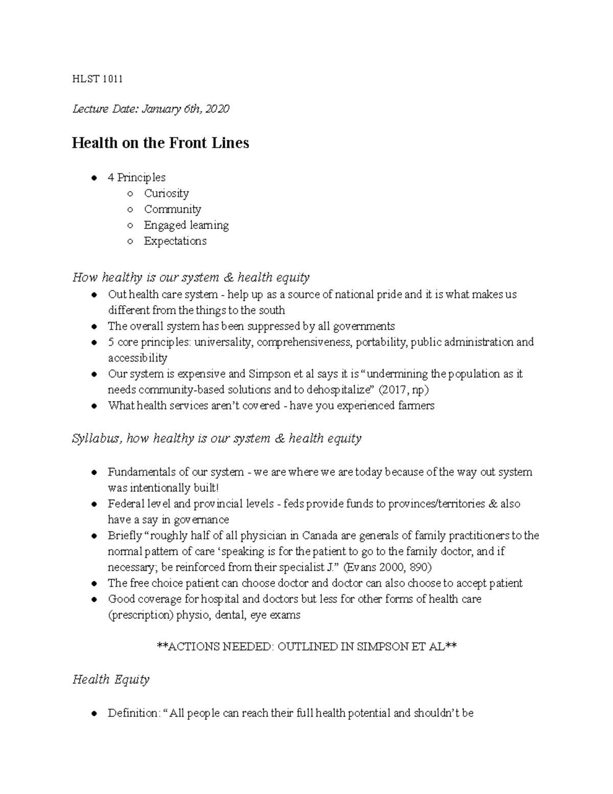HH HLST 1011 Lecture Notes - HLST 1011 Lecture Date: January 6th, 2020 ...