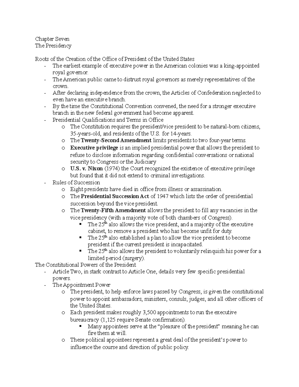7.0 Chapter Seven Notes - Chapter Seven The Presidency Roots of the ...