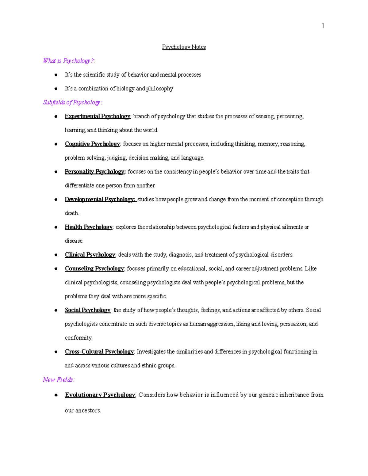 Psych notes pt 1 - 1 Psychology Notes What is Psychology?: It’s the ...