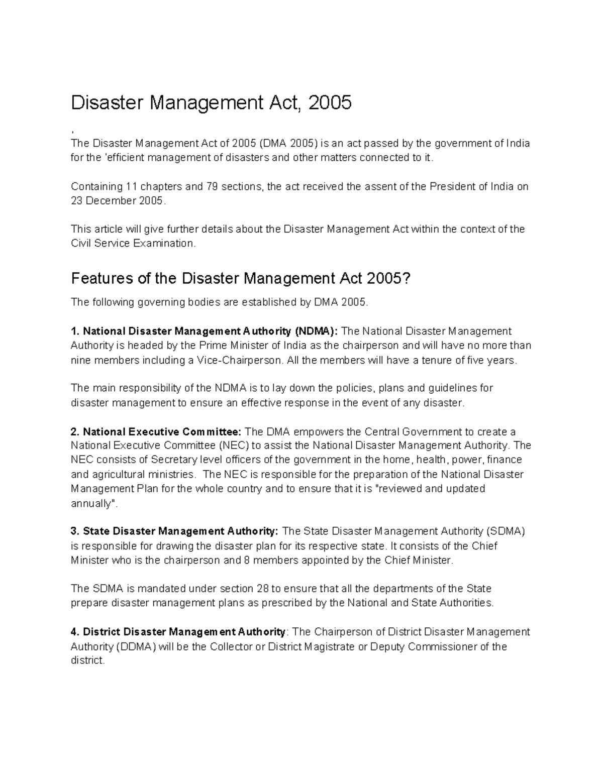 Disaster Management Act 2005 - Containing 11 chapters and 79 sections ...