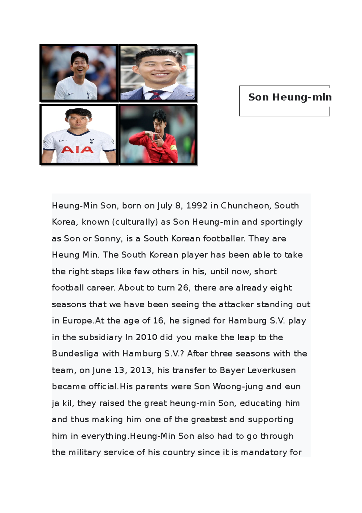 Actividad 2 ingles - ayudama mucho - Heung-Min Son, born on July 8 ...